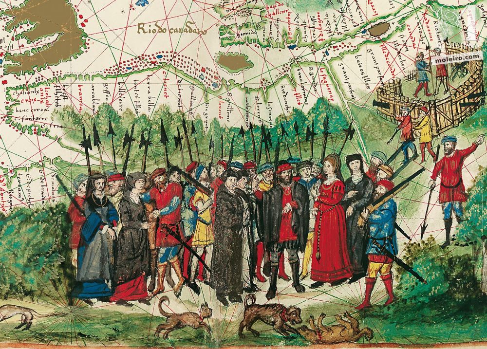 Enlarged detail: Jacques Cartier and his explorers in the map of Canada ...